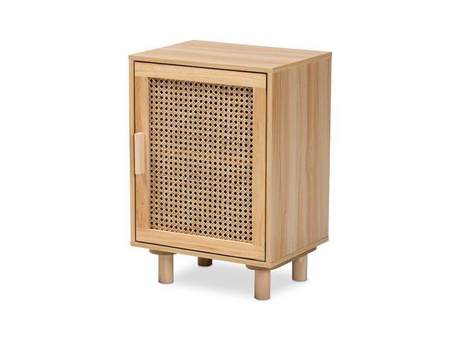 Baxton Studio Maclean Mid-Century Modern Rattan and Natural Brown Finished Wood 1-Door Nightstand