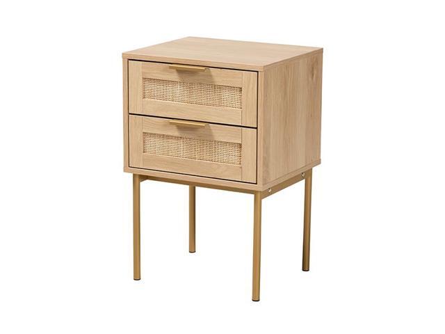 Baxton Studio Dewitt Japandi Light Brown Finished Wood and Gold Metal 2-Drawer End Table