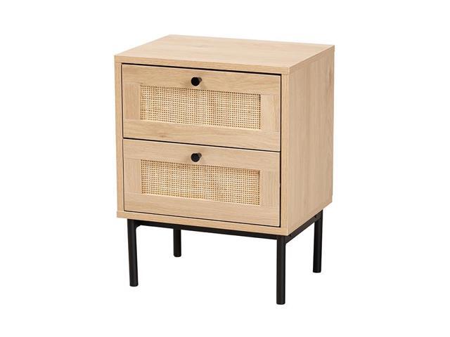 Baxton Studio Sherwin Mid-Century Modern Light Brown and Black 2-Drawer End Table with Woven Rattan Accent