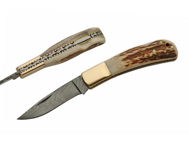 Click here for Damascus Steel Blade Folding Pocket Knife 4 Stag H... prices