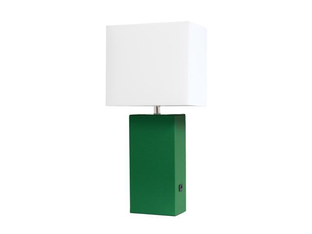 Elegant Designs Modern Leather Table Lamp with USB and White Fabric Shade  Green