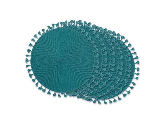 DII Teal Tassel Fringe Pp Woven Round Placemat Set of 6