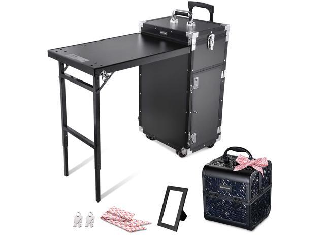 Byootique Aluminum Rolling Nail Table with Train Case Cosmetic Organizer Black - Natrual