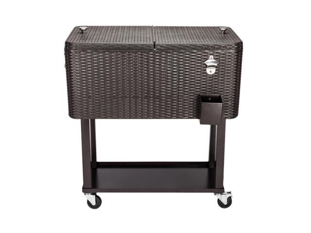 80QT Rattan Square Legs Cooler with Shelf Portable Patio Party Cooler Cart - Natrual