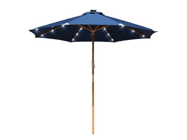 LAGarden Boho 32 Led 9Ft Wood Market Patio Umbrella with Solar Lights for Bar Hotel Resort Alfresco Dining Rooftop Restauran Navy Blue - Natrual