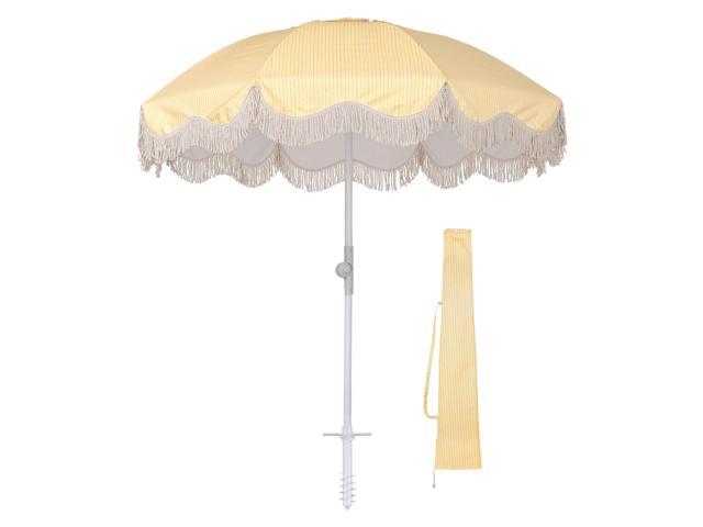 LAGarden Ocean 6 Ft Beach Umbrella with 8 Ribs Sand Anchor Push Button Tilt with Heavier Tassle Carry Bag Outdoor Beach Pool Party Yellow Stripe - Nat