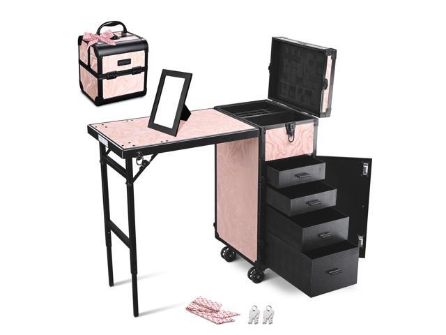 Byootique Rolling Nail Table w/ Makeup Case Cosmetic Organizer Aluminum Pink - Natrual