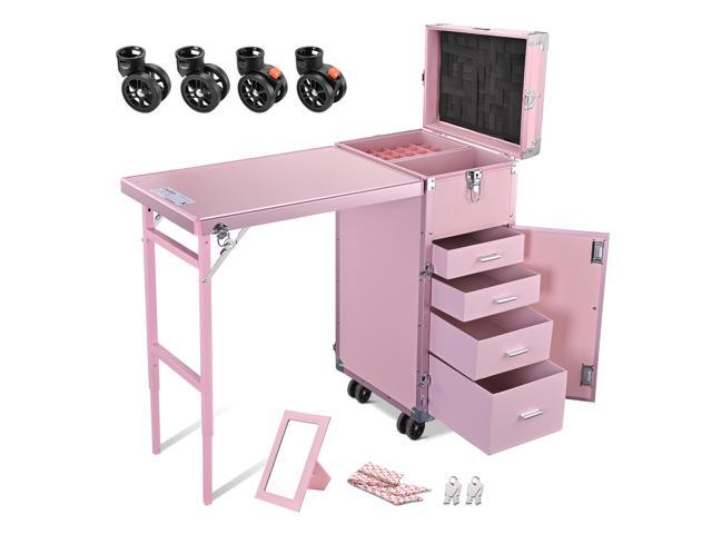 Byootique Rolling Cosmetic Case Nail Table with 4 pcs Replacement Wheels Pink - Natrual