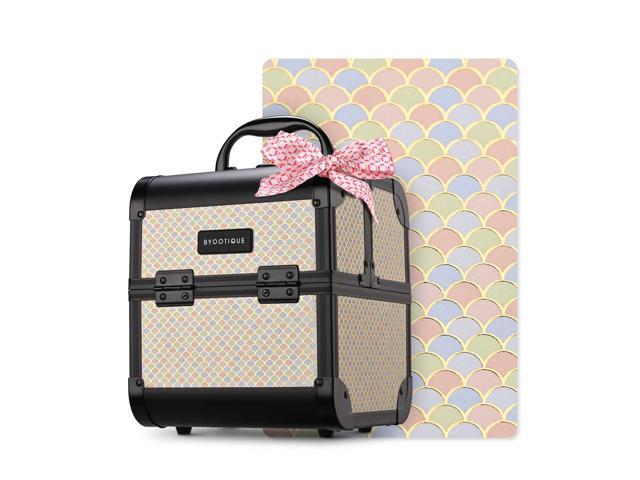 Byootique Makeup Train Case with Mirror Cosmetic Box Organizer Art Deco Pastel - Ad blue