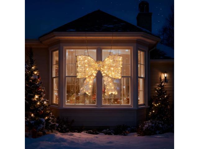 Yescom Giant Pre-lit Christmas Bow Decoration with 124 Warm White Led Lights Metal Frame for Front Door Gate Wall Indoor Outdoor Holiday Party  Golden