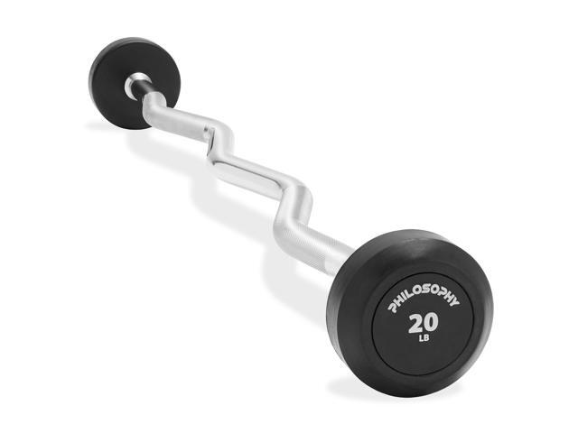 Philosophy Gym Rubber Fixed Barbell  20 Lb Pre-Loaded Weight Ez Curl Bar for Strength Training & Weightlifting - Black