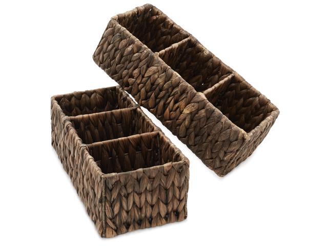 Casafield Set of 2 Water Hyacinth Storage Baskets with 3 Sections  Espresso - Woven Bin Organizers for Bathroom  Laundry  Pantry  Office  Shelves - Br