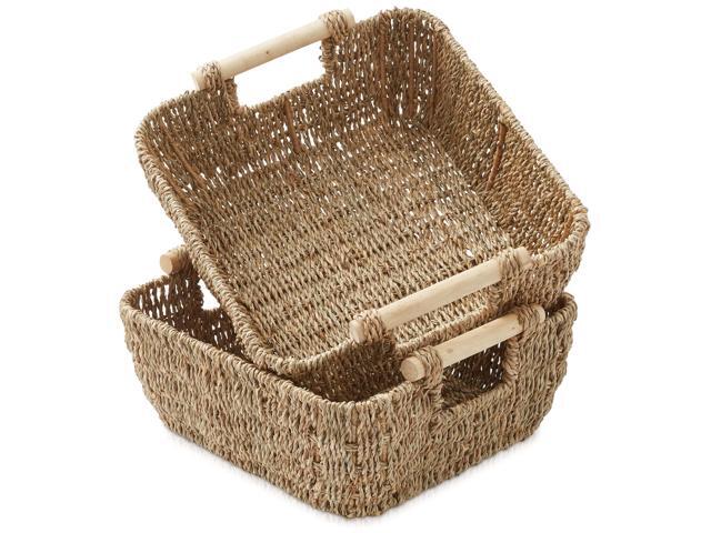 Casafield (Set of 2) Seagrass Oval Storage Baskets with Wooden Handles - Large Woven Bin Organizers - Natural - seagrass