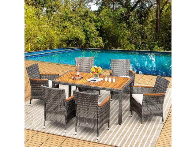 Click here for Costway 7PCS Patio Rattan Dining Set Acacia Wood T... prices