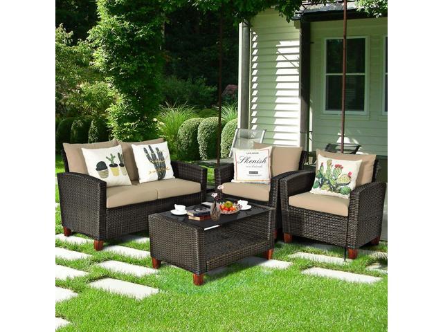Click here for Costway 4PCS Patio Rattan Furniture Set Solid Wood... prices