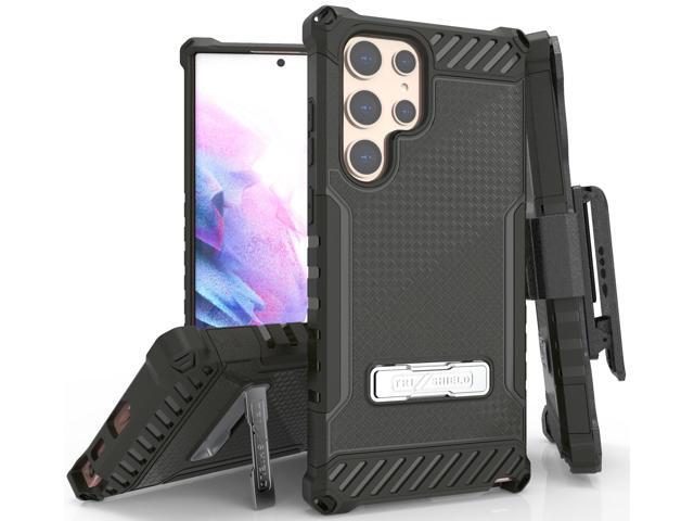 Black Rugged Case with Stand + Belt Clip Holster + Strap for Galaxy S22 Ultra 5G