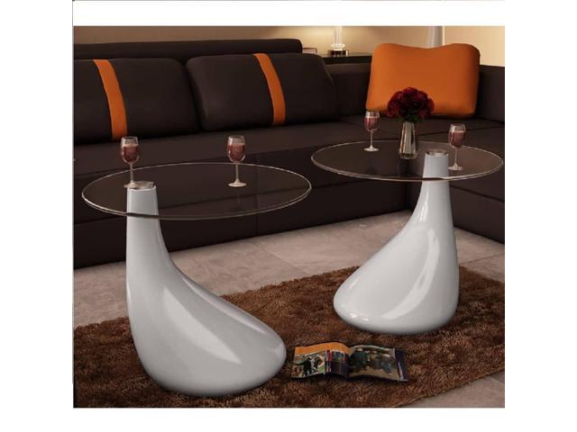 Coffee Tables 2 pcs with Round Glass Top High Gloss White - White