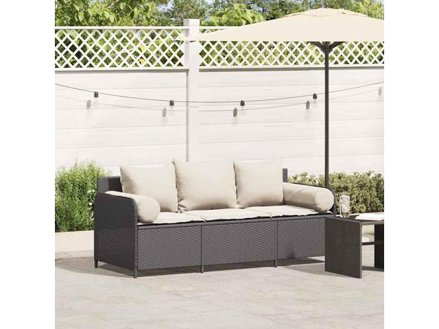 Garden Sofa Black Pe Rattan  Powder-Coated Steel 3-Seater - Black cream white