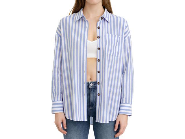 Click here for Oversized Striped Button Down Blouse for Women  Lo... prices