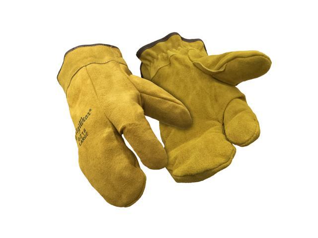 RefrigiWear Mens Three-Finger Leather Mitt - Durable  Warm Work Mittens with Sherpa Lining - Gold