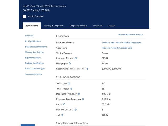 Click here for Intel CPU Xeon 6238R SRGZ9 Gold 2.20 Ghz 28 Cores... prices