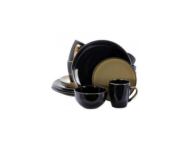 Elama Cambridge Grand 16Piece Dinnerware Set in Luxurious Black and Warm Taupe with Complete Setting for 4