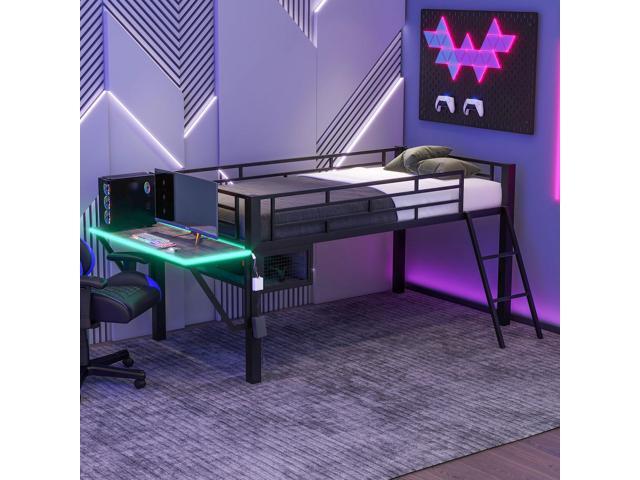Click here for Gaming mid loft bed with desk  LED  Twin  Black prices