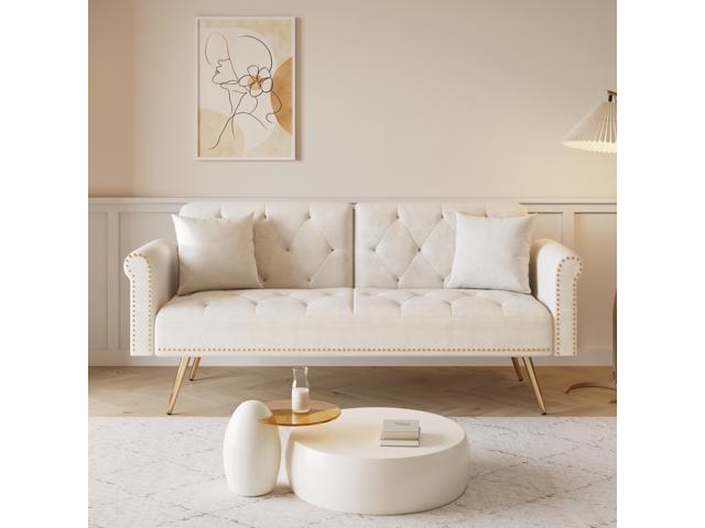 Click here for A 69.7-inch-long sofa bed covered in beige velvet... prices