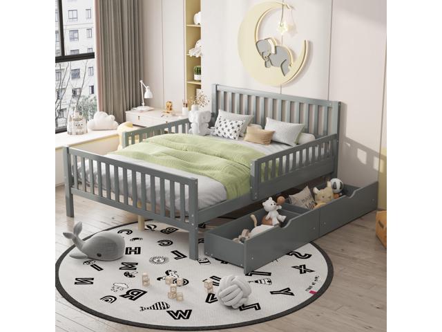 Click here for Full Size Wood Platform Bed with Guardrails on Bot... prices