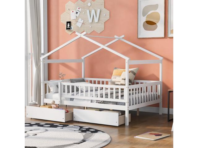 Click here for Full Size Wooden House Bed with Two Drawers  White prices