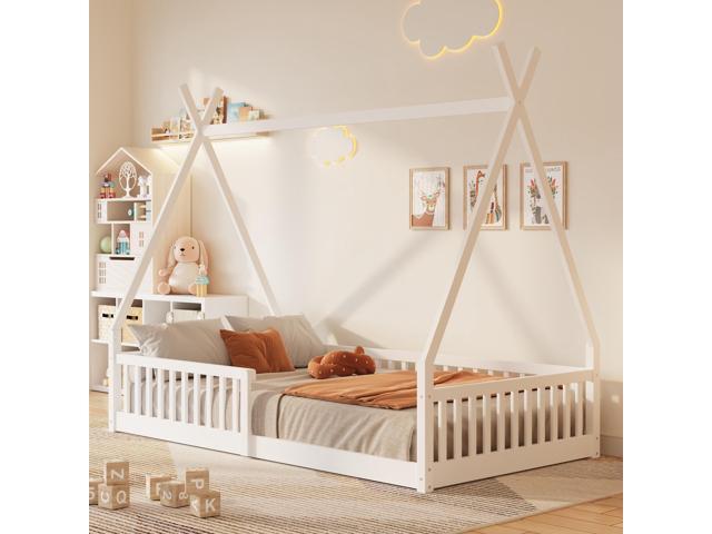 Click here for Twin Size Wood House Bed with Fence  White prices