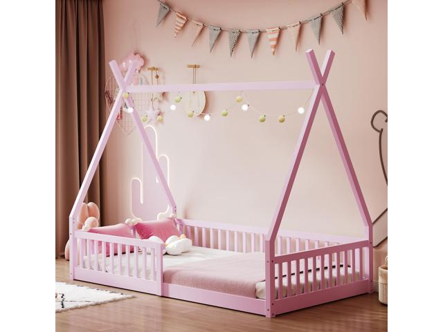 Click here for Twin Size Wood House Bed with Fence  Pink prices