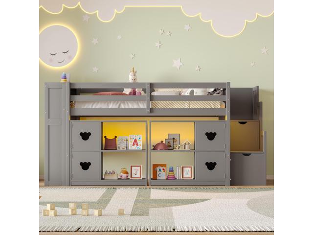 Click here for TWIN SIZE LOW LOFT BED WITH SHELVES  STORAGE HEADB... prices