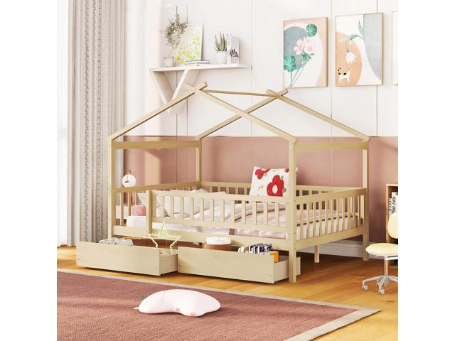 Click here for Full Size Wooden House Bed with Two Drawers  Natur... prices