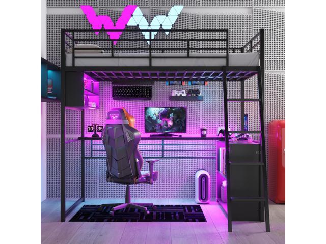 Click here for Full Size Metal Loft Bed with LED  Desk and 4 Stor... prices