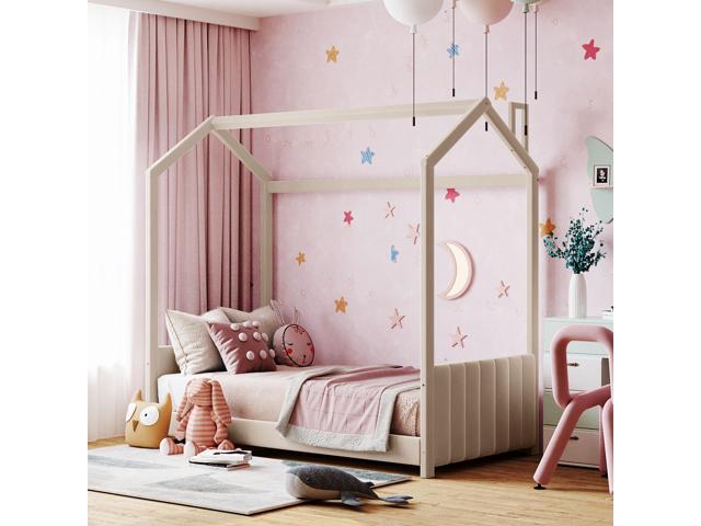 Click here for Twin Size Velvet House Bed Wood Bed  Beige(Old SKU... prices