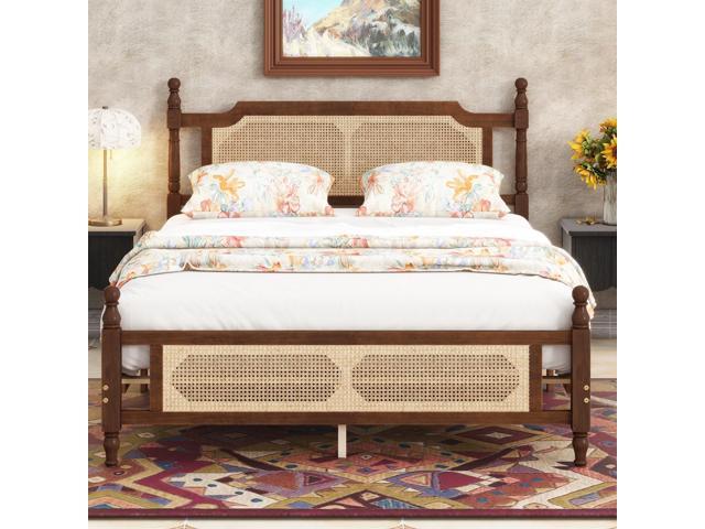 Click here for Queen Pine wooden Bed with Rattan Headboard and Fo... prices