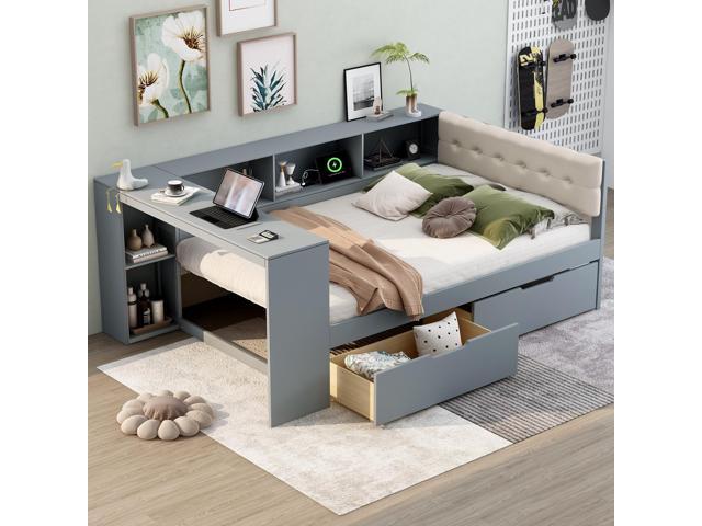 Click here for Wood Full Size Platform Bed with Storage Shelves... prices