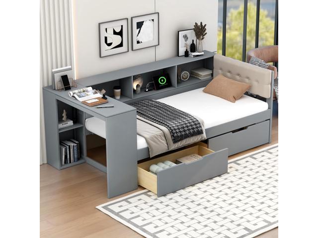 Click here for Wood Twin Size Platform Bed with Storage Shelves... prices