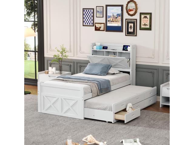 Click here for Twin Size Wooden Bed with Storage Headboard with O... prices