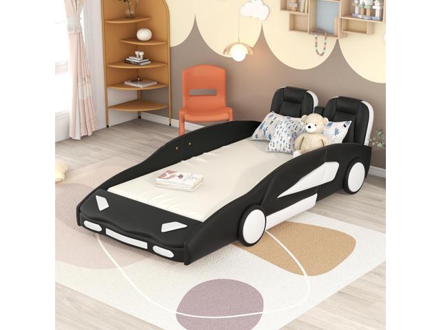 Click here for Twin Size Race Car-Shaped Platform Bed with Wheels... prices
