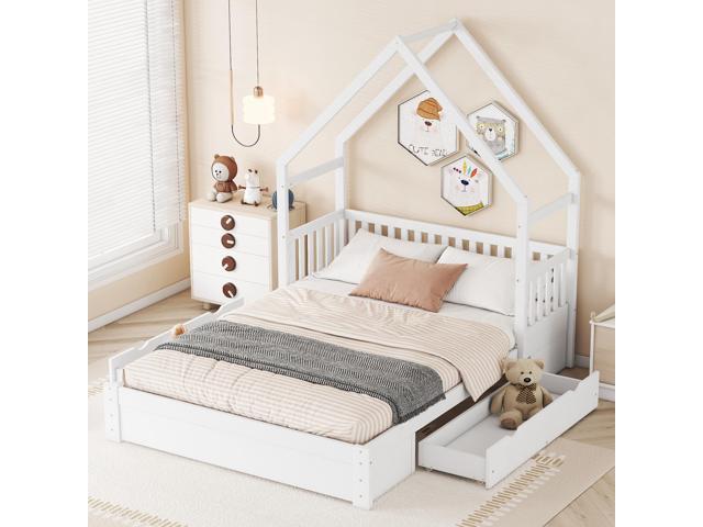 Click here for Wood Queen Size House Platform Bed with Guardrail... prices