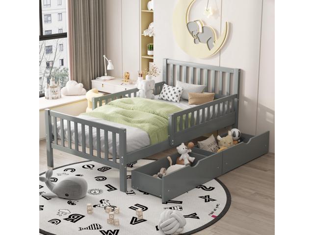 Click here for Twin Size Wood Platform Bed with Guardrails on Bot... prices