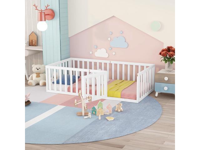 Click here for Twin Size Wood Floor Bed Frame with Fence and Door... prices