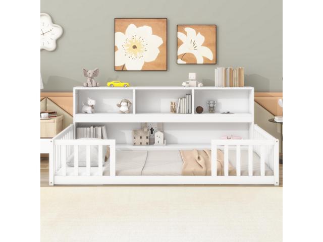 Click here for Twin Floor Bed with Bedside Bookcase Shelves Guard... prices