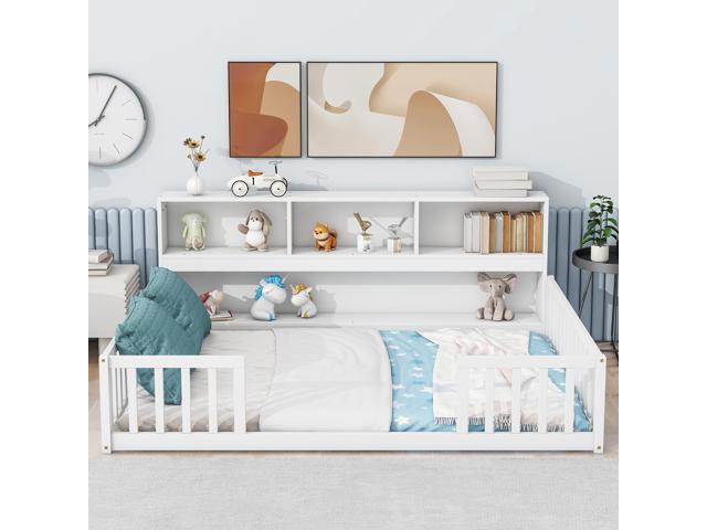 Click here for Full Floor Bed with Side Bookcase Shelves Guardrai... prices