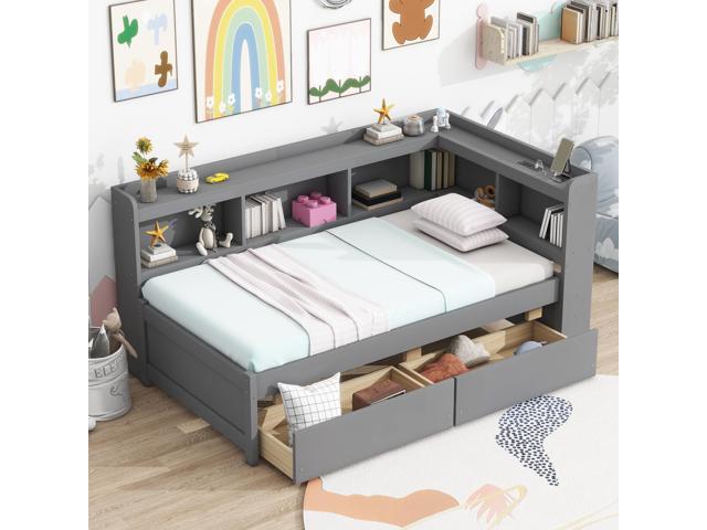 Click here for Twin Size L-shaped Bookcases Bed with Power Outlet... prices