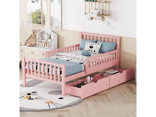 Click here for Twin Size Wood Platform Bed with Guardrails on Bot... prices