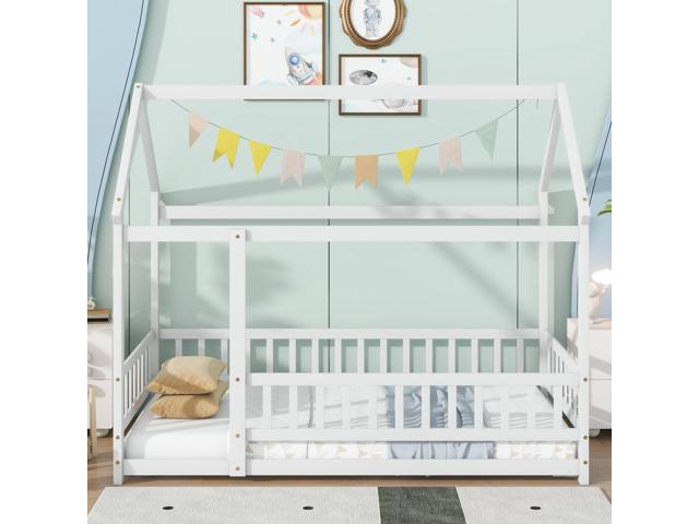 Click here for Twin Size House Floor Wooden Bed with Roof Frame S... prices