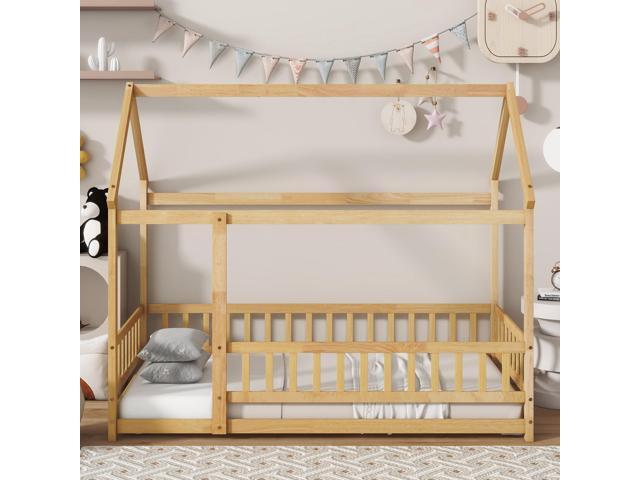 Click here for Twin Size House Floor Wooden Bed with Roof Frame S... prices
